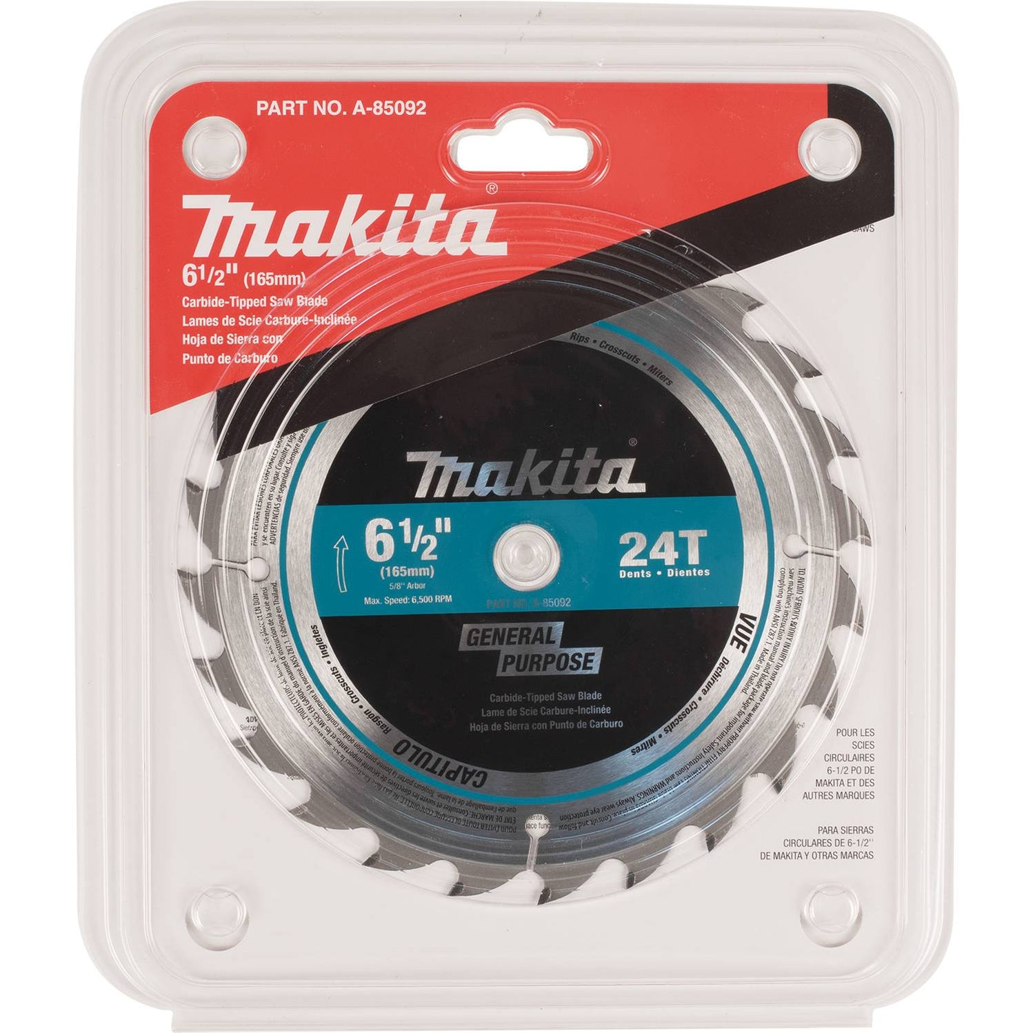 Makita (A-85092) 6-1/2" 24T Carbide-Tipped Circular Saw Blade, General ...