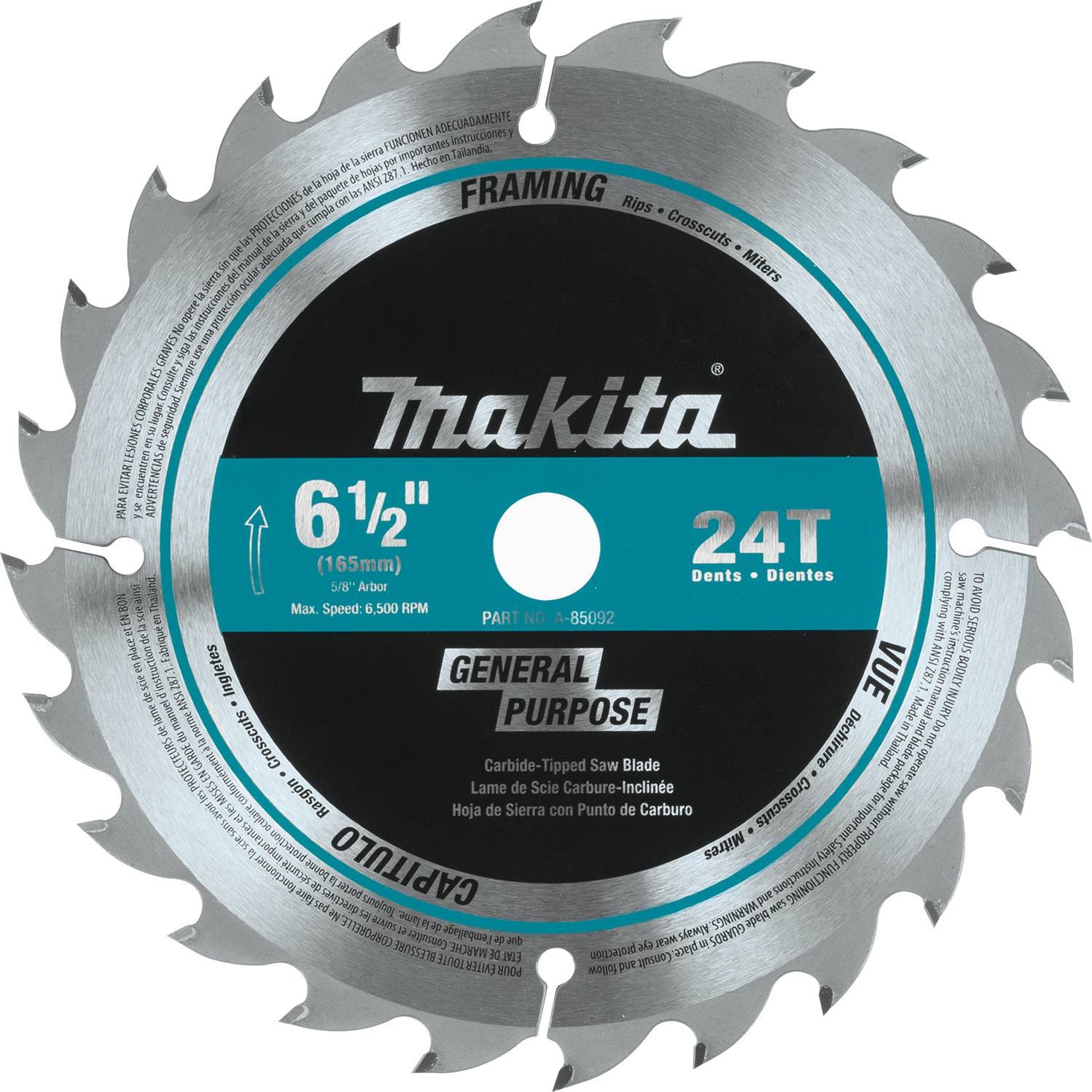Makita (A-85092) 6-1/2" 24T Carbide-Tipped Circular Saw Blade, General ...