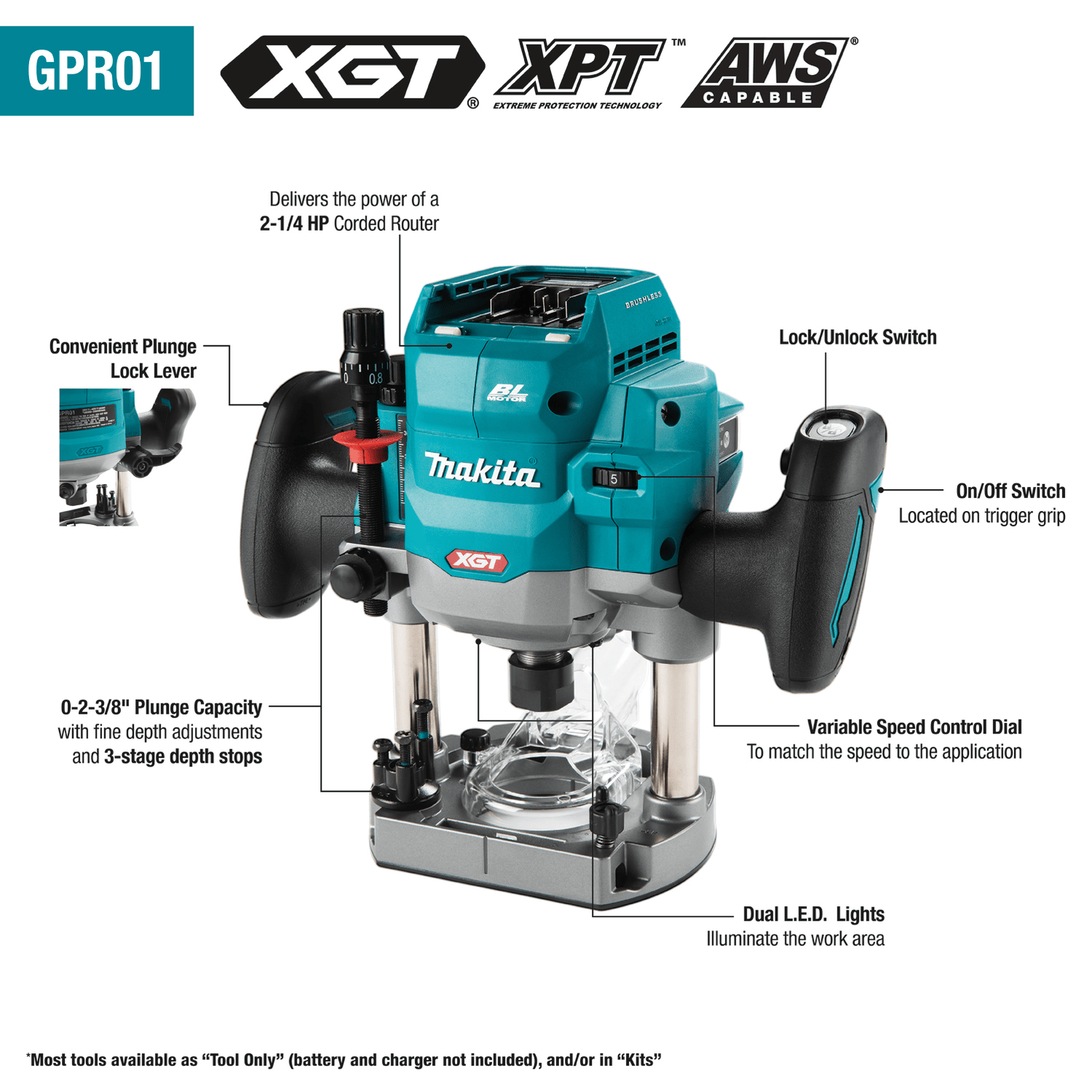 Makita (GPR01Z) 40V max XGT® Brushless Cordless 2-1/4 HP* Plunge Router ...